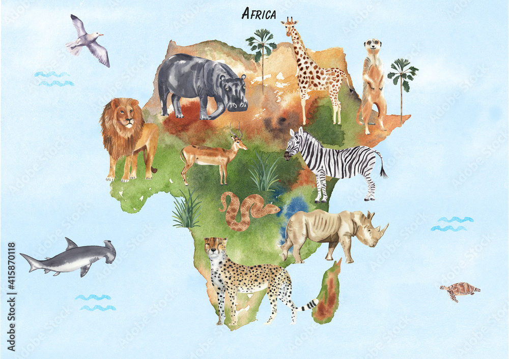 Africa map with animals Watercolor world animal map Cute animals ...