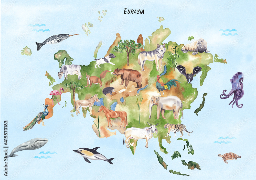 Eurasia map with animals Watercolor world animal map Cute animals ...