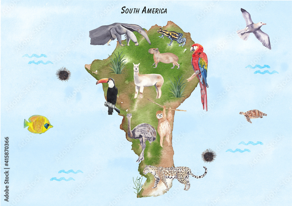 South America map with animals Watercolor world animal map Cute animals ...