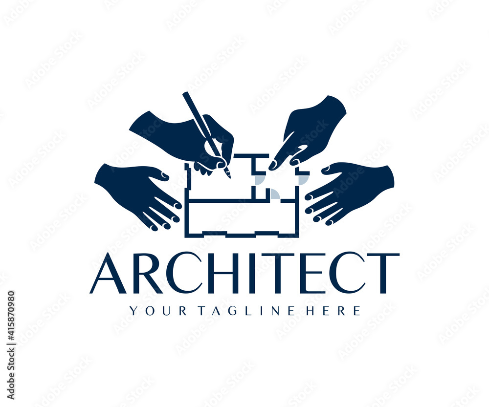 Architects, engineers, contractor, holding pen and pointing at ...