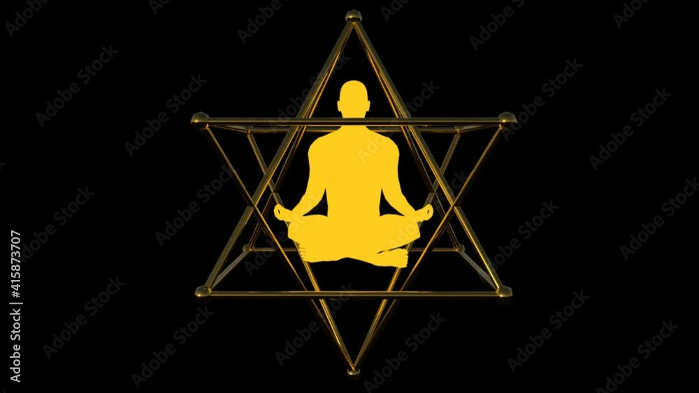 golden merkaba spinning with man in meditation position in the middle ...