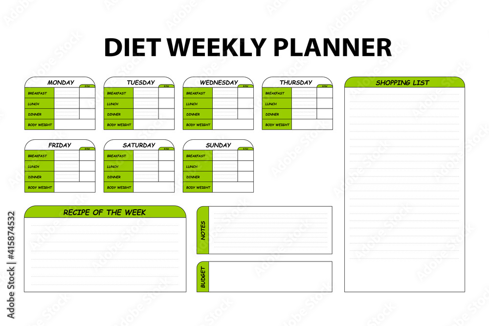 Vecteur Stock Colored cute diet weekly planner isolated on white ...