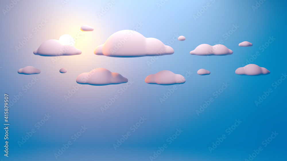 Beautiful cloudy sky with sun background 3d render illustration. 3D ...