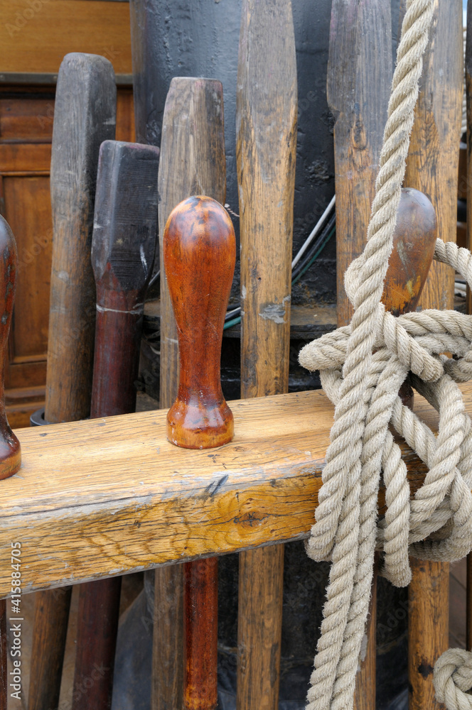 Wooden pegs and rigging on the HMS Bounty is a square-rigged three ...