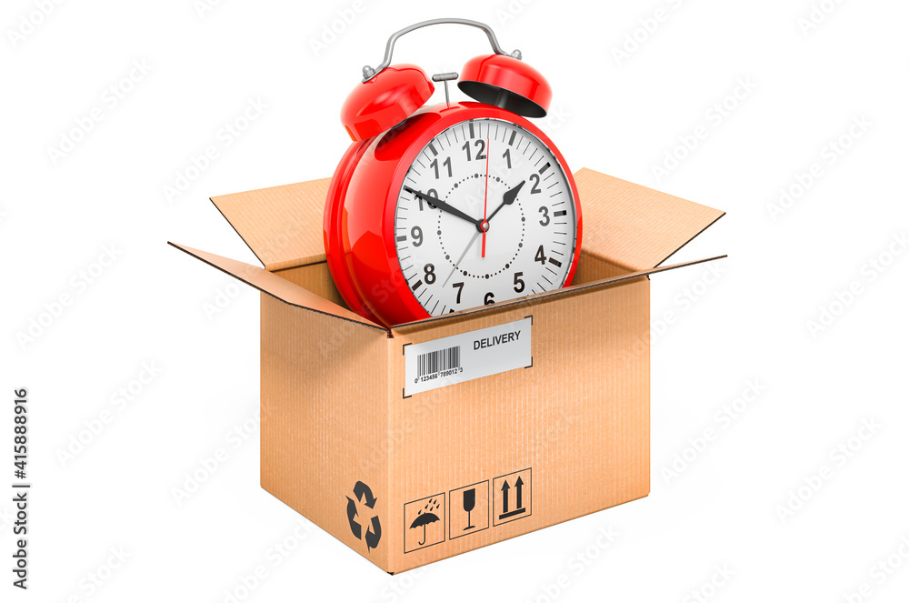 Alarm clock inside cardboard box, delivery concept. 3D rendering Stock ...