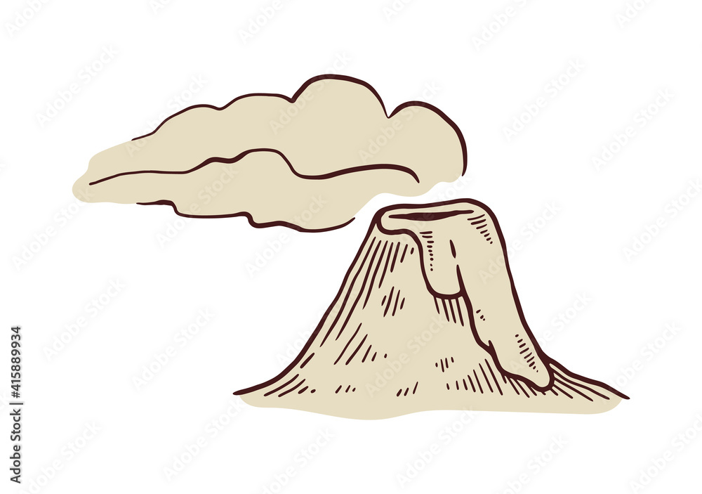 Cartoon hand drawn volcano eruption engraving vector illustration ...