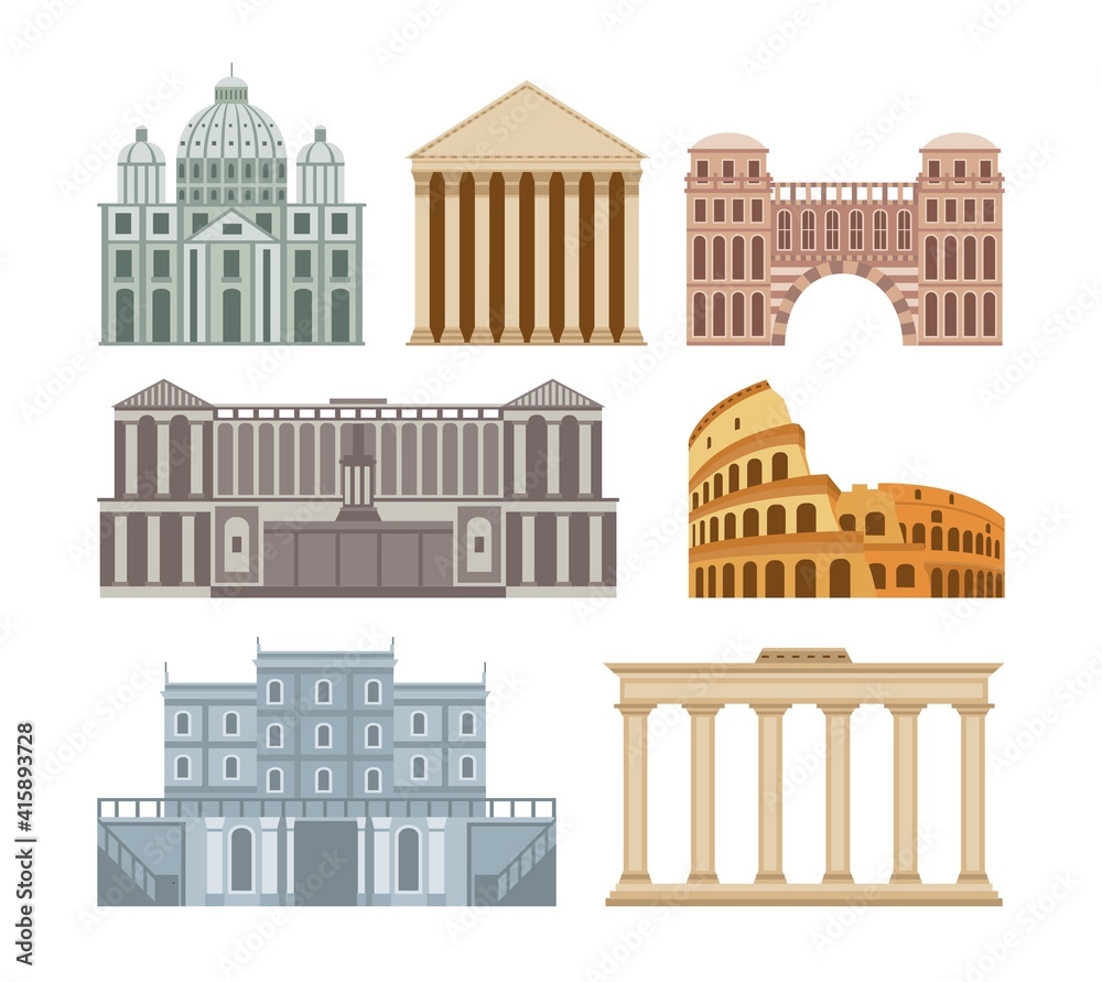Rome historical buildings set of flat cartoon vector illustration ...