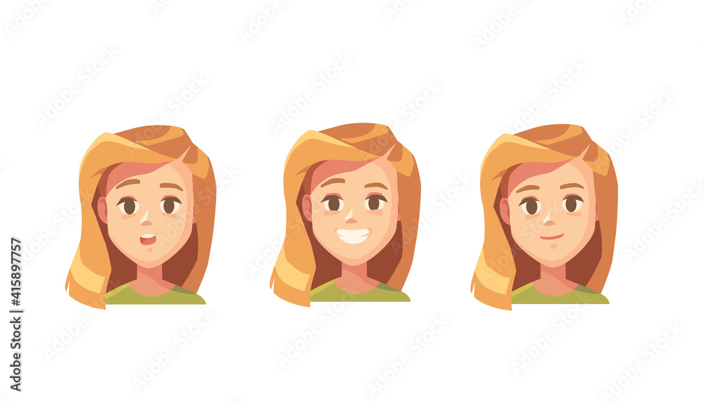 Different Female Emotions Faces Set Face Expressions Of A Woman Girl