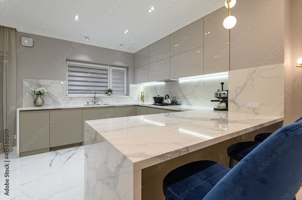 Luxury white modern marble kitchen in studio space Stock Photo | Adobe ...
