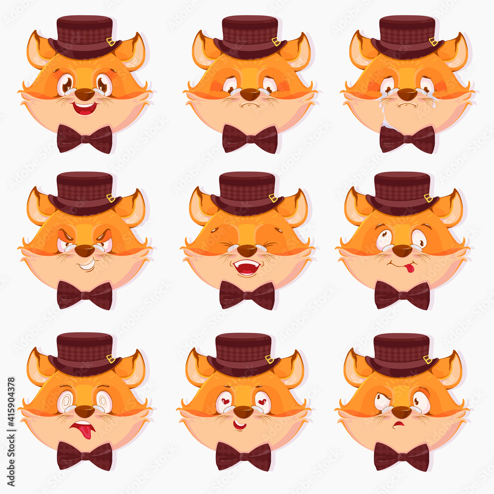 Large set of fox expressions, isolated on white background. Emotions of ...