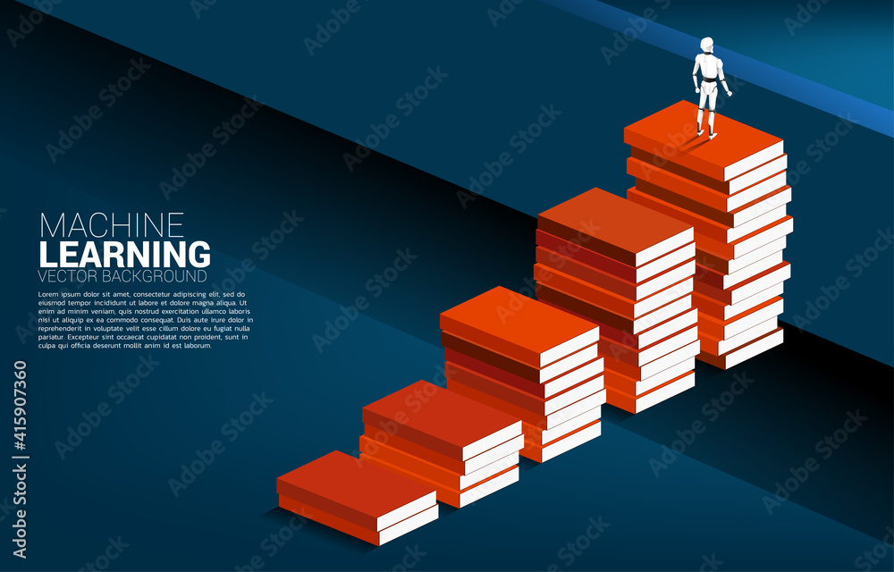 Robot standing on top of stack of book to across the wall. concept of ...