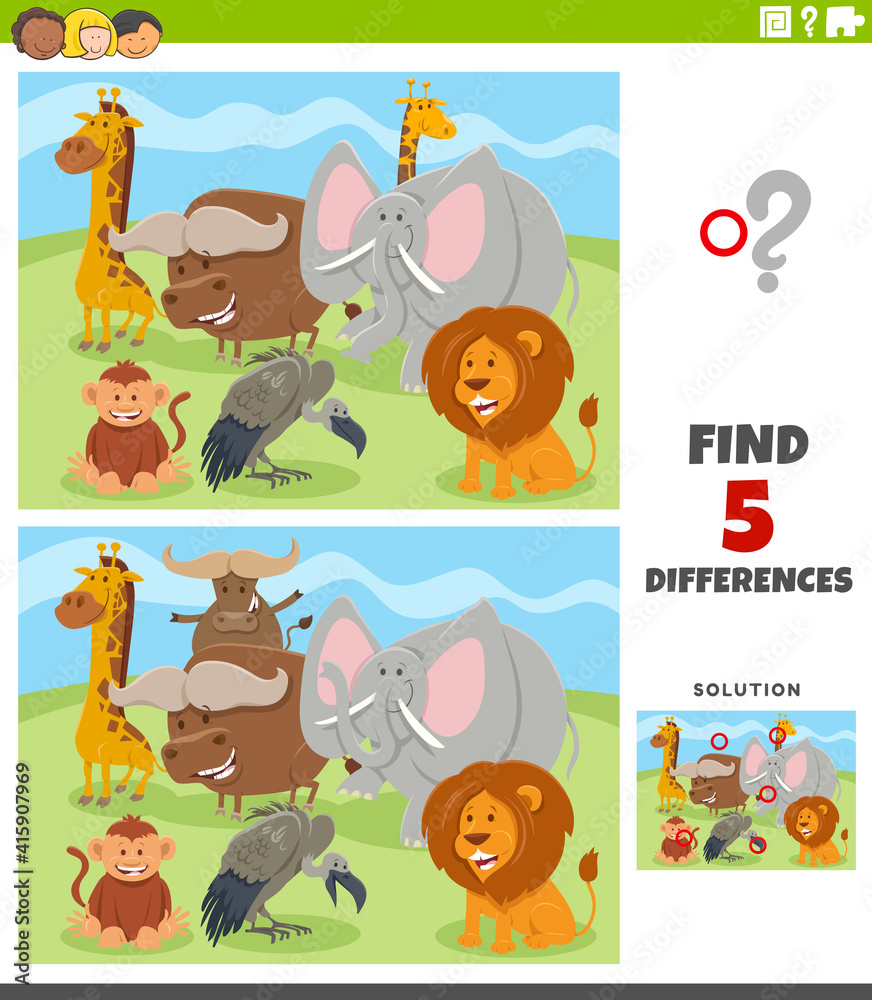differences educational game with wild animal characters Stock Vector ...