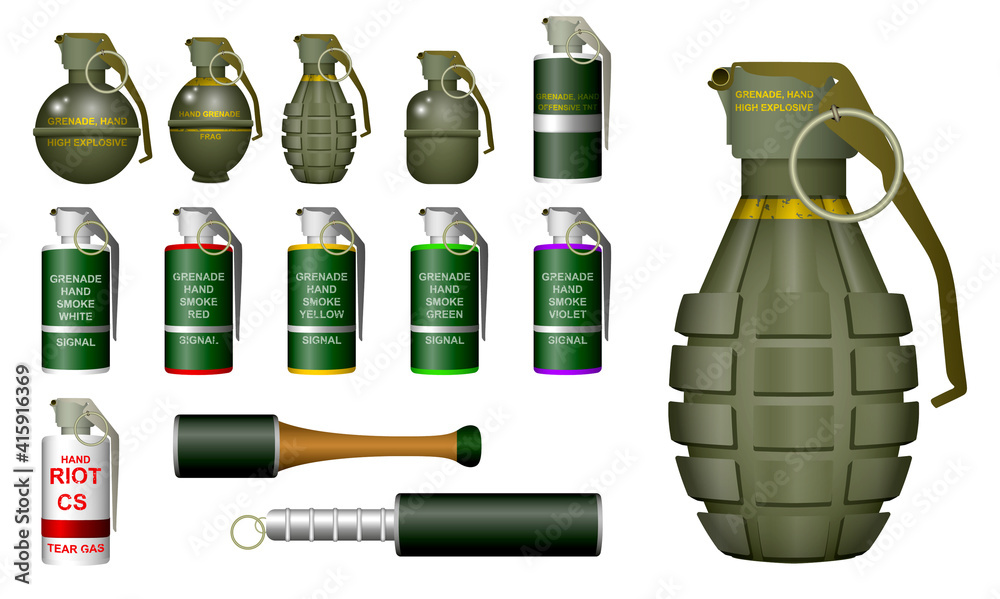 set of realistic hand grenade or hand smoke grenade or hand riot tear ...