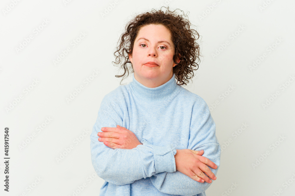 Woman with Down syndrome isolated frowning face in displeasure, keeps ...