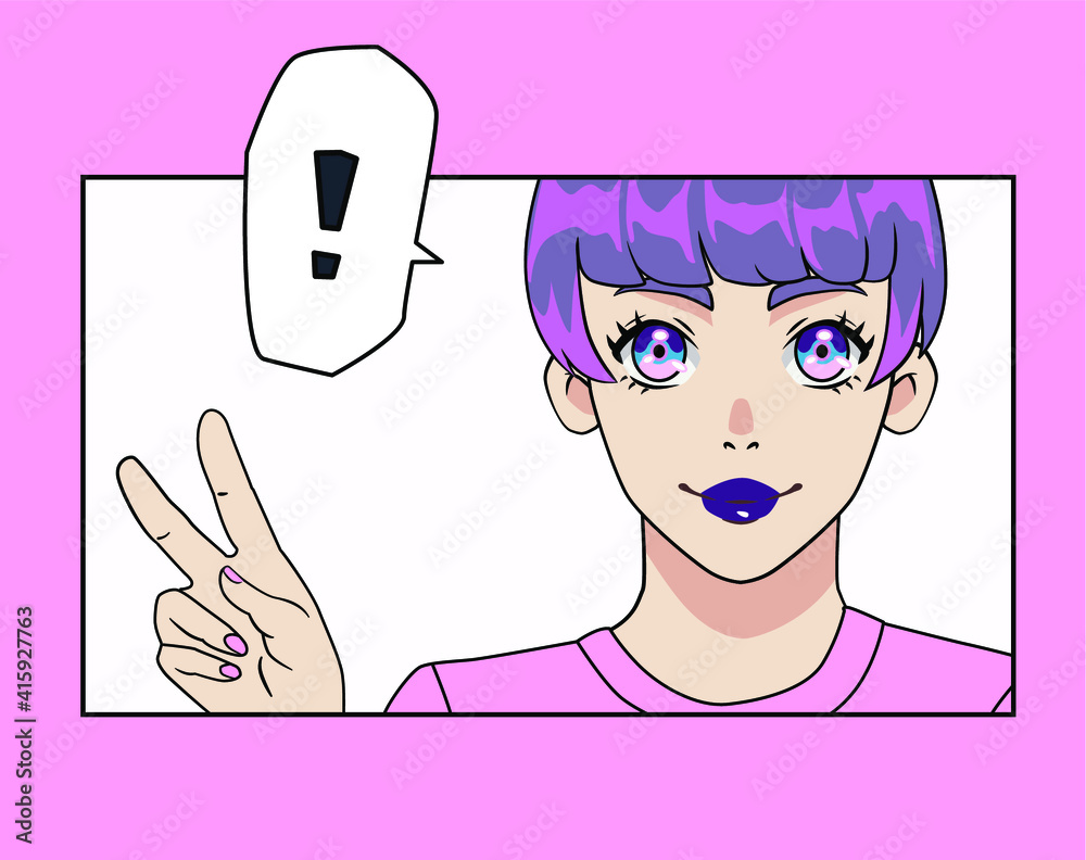 Cartoon slylish anime girl showing victory hand gesture. Modern trendy ...