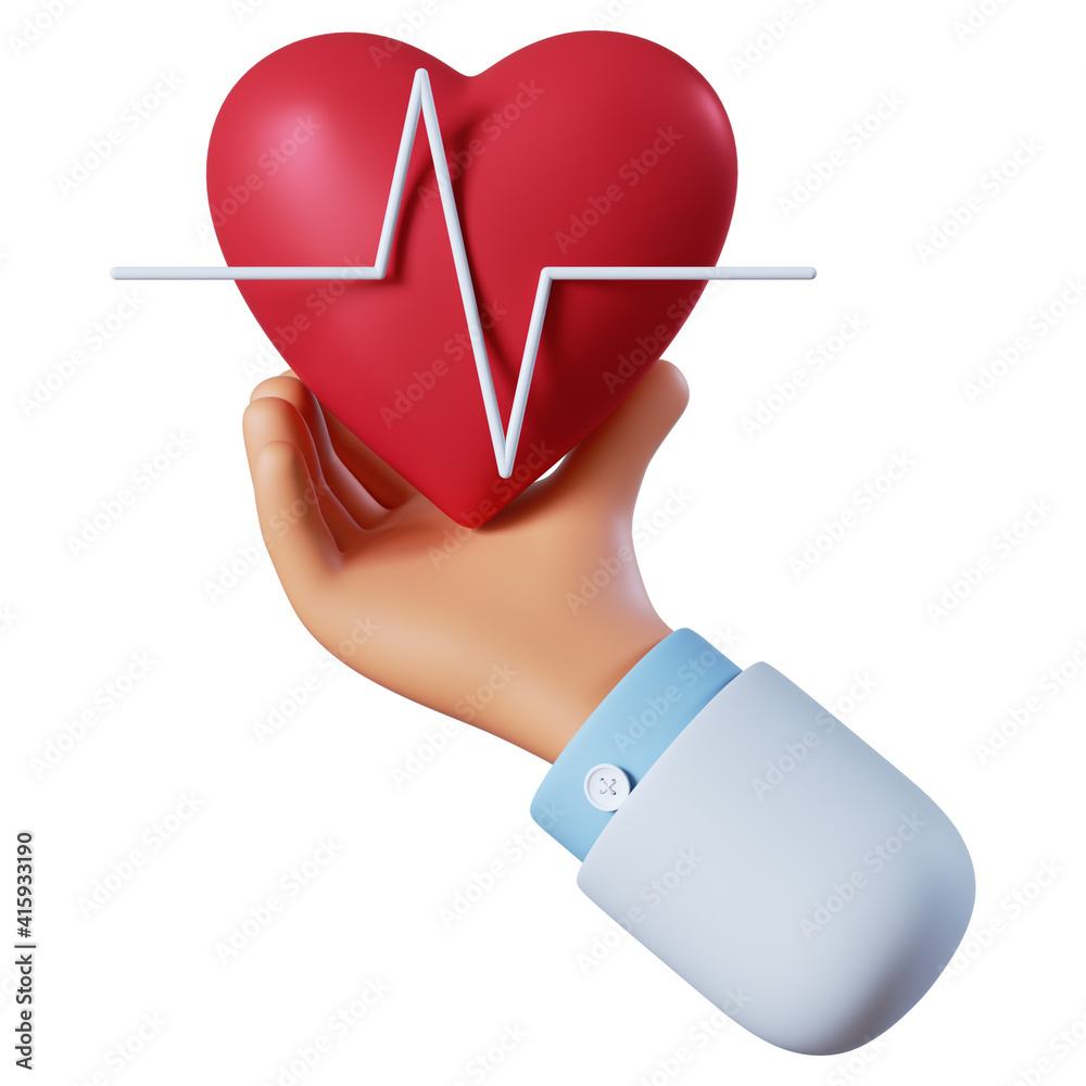 3d render. Medical heart rate icon. Doctor or cardiologist cartoon hand ...