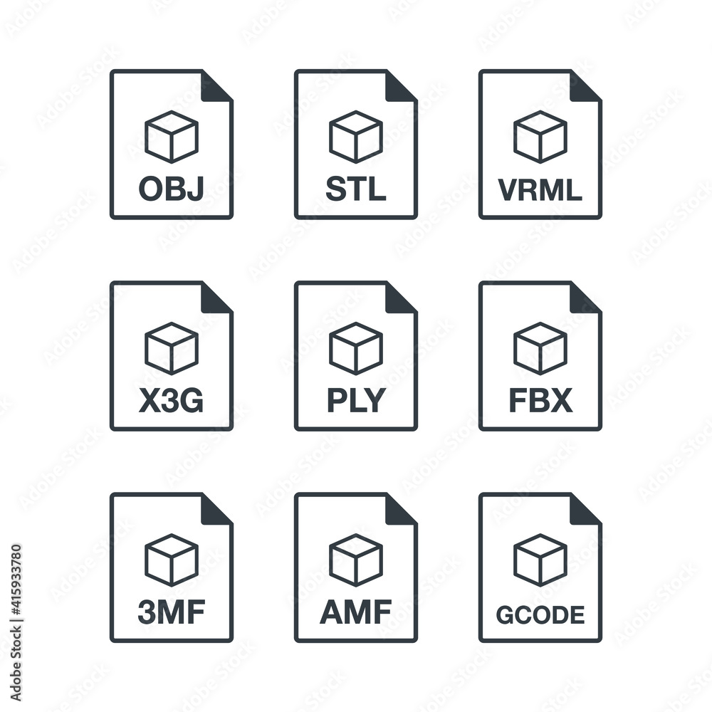 9 black 3d line document file format icons set. Multi types simple flat ...