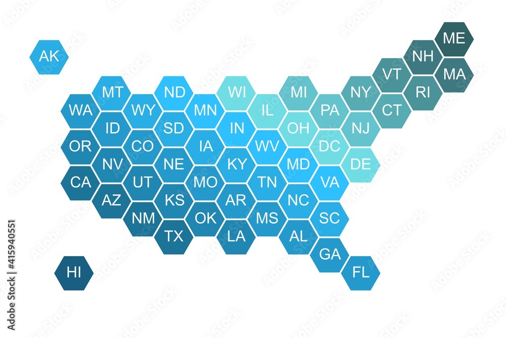 United States of America political map divide by state colorful hexagon ...