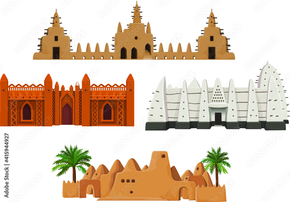 Set of buildings African architecture. House, mosque, ancient dwelling ...