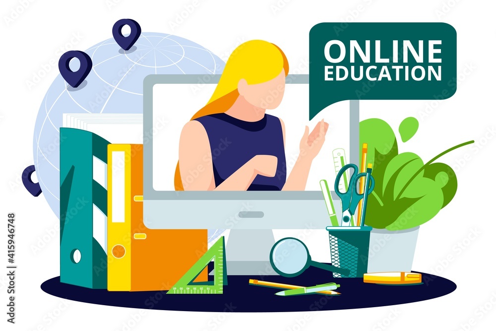 E-learning, online education concept banner. Female teacher teaching on ...