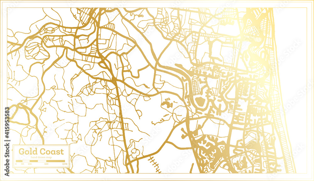 Gold Coast Australia City Map in Retro Style in Golden Color. Outline ...