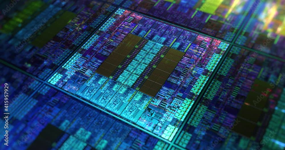Futuristic microchip processors on wafer with data neon lights ...