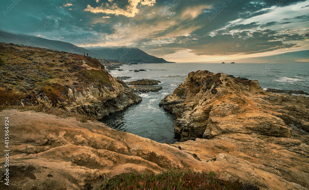 Beautiful seascape, ocean views, rocky coast, sunlight on the horizon ...