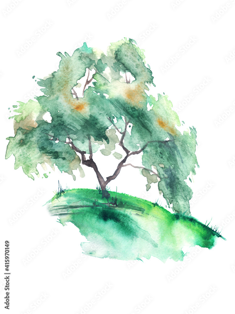 Green tree watercolor on white background. Summer, spring landscape ...