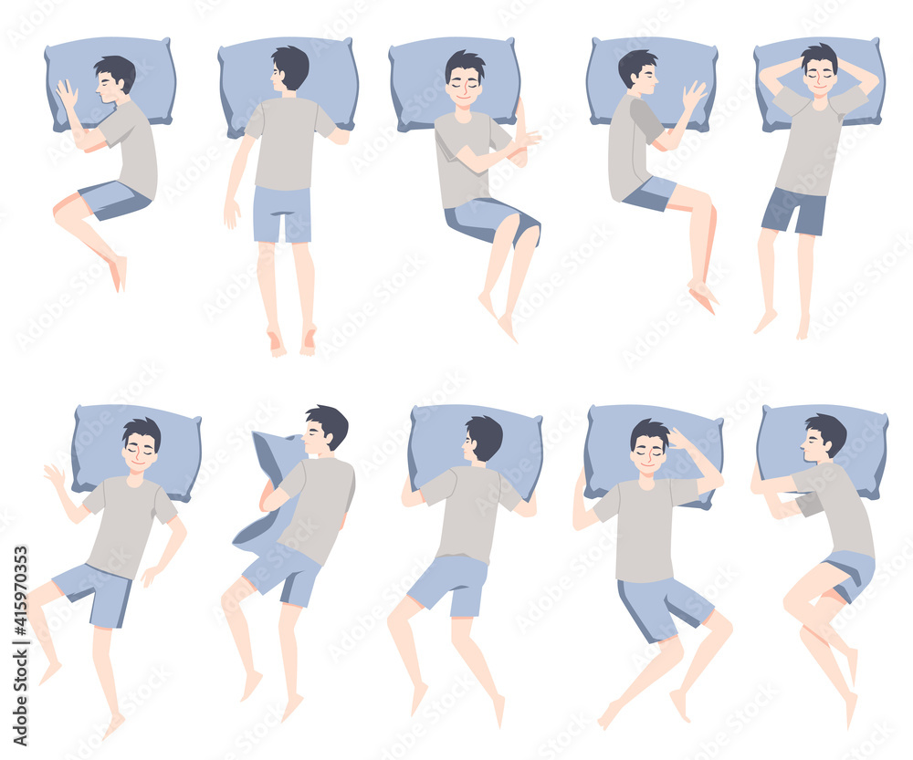 Sleep position set - cartoon man with pillow sleeping in different ...