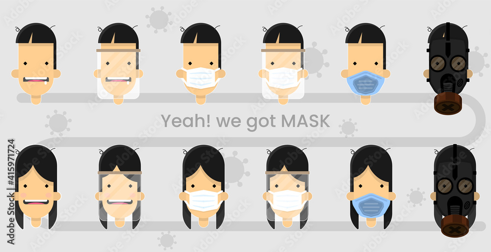 Illustration vector of mask on face various type Sets of cartoon face ...