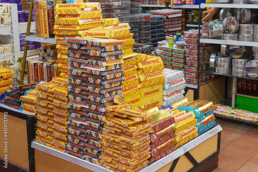 EL Tarter, Andorra - February 14 2020: Toblerone chocolates ...