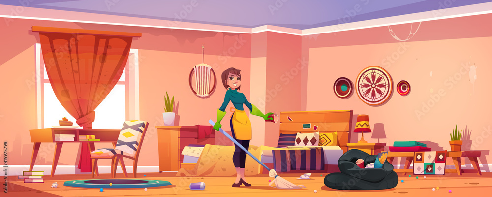 Woman clean bedroom in bohemian style. Mother, housewife or cleaning ...
