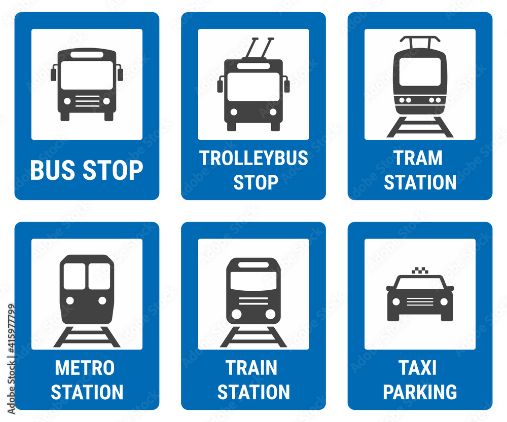 Public transport stops: bus, tram, metro, train, taxi, trolleybus. Set ...