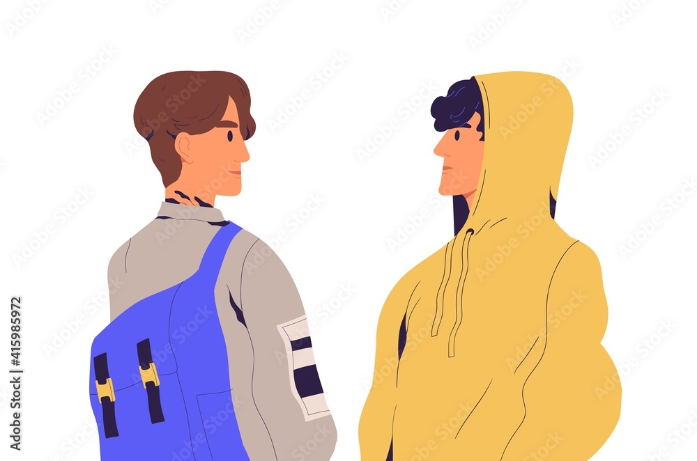 Arrogant people looking provocative and defiant. Two men colliding and ...