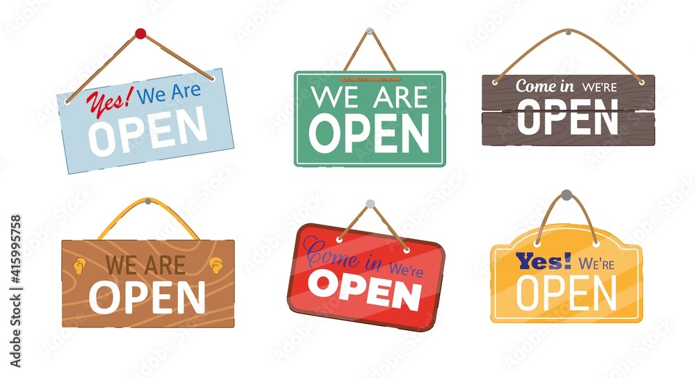 Welcome notice phrase hanging door front signboard set. We are open ...
