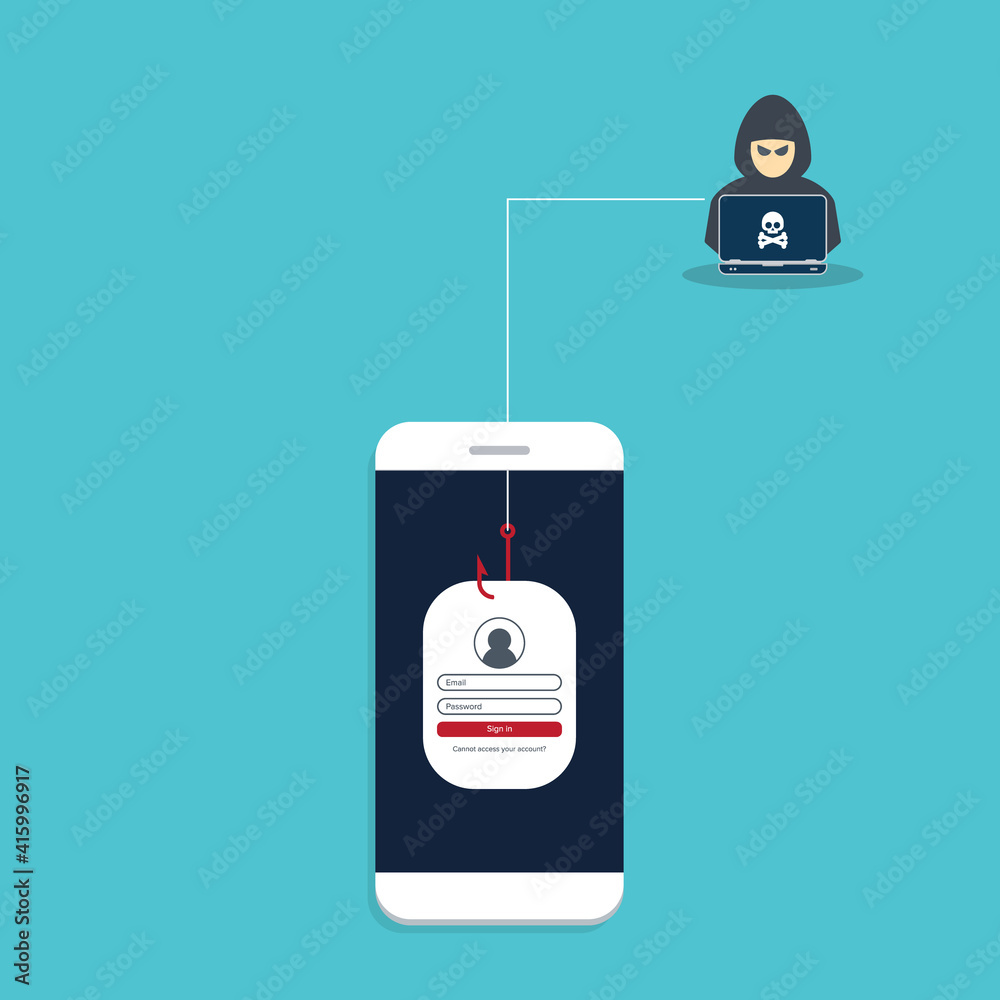 Hacker and sign-in form on fishing hook on the screen of a smartphone ...