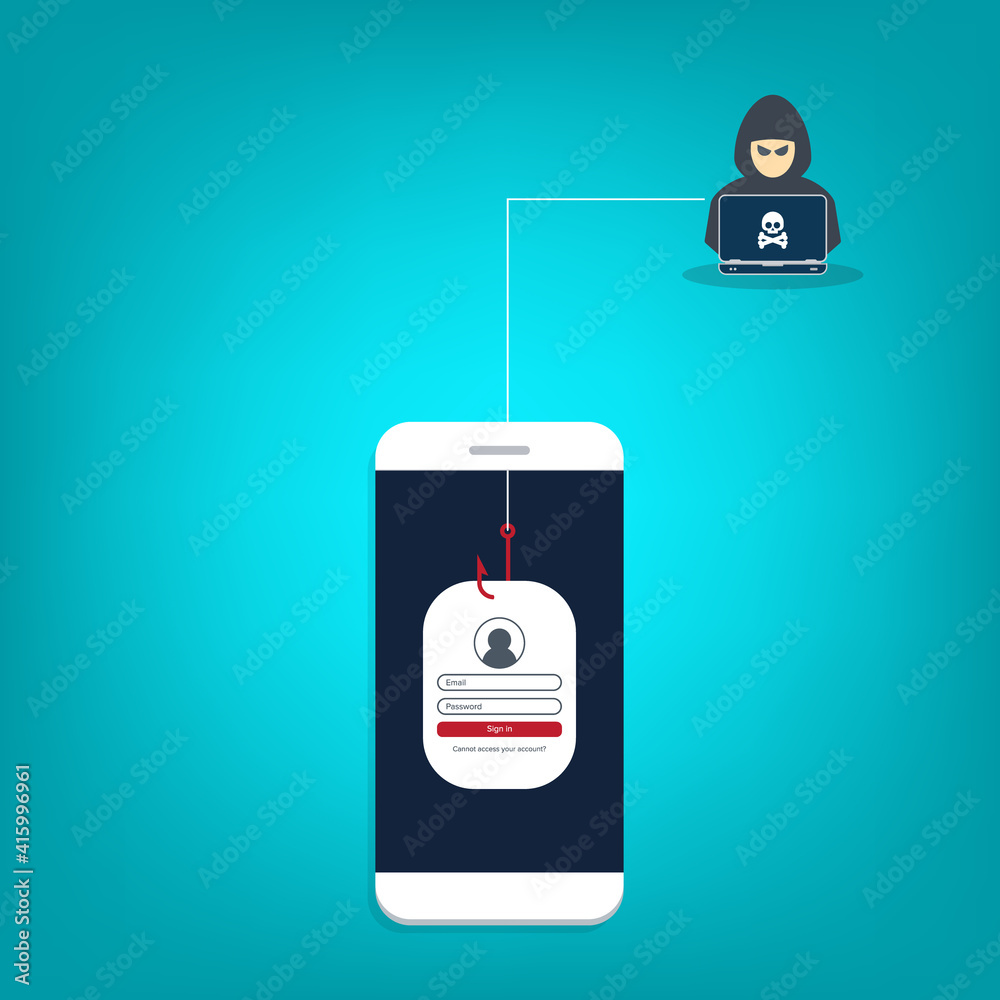 Hacker and sign-in form on fishing hook on the screen of a smartphone ...