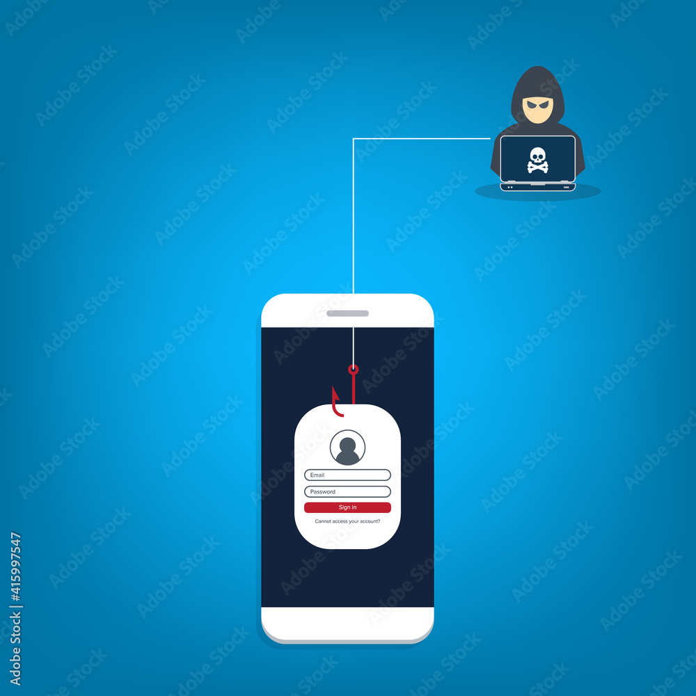 Hacker and sign-in form on fishing hook on the screen of a smartphone ...