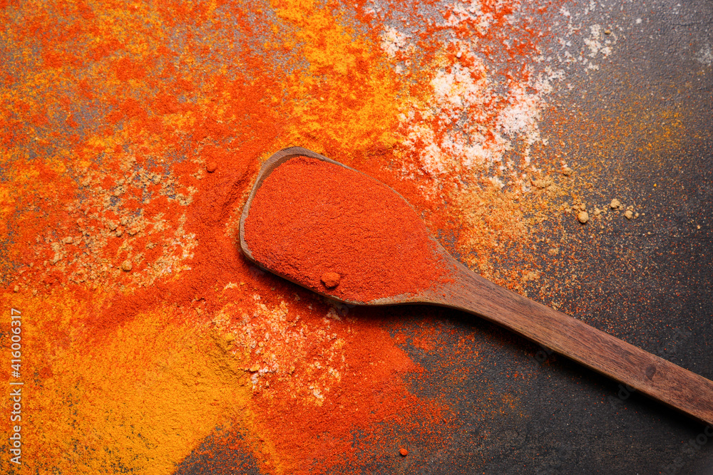 Indian spices red chilly , chili powder , paprika in wooden spoon ...