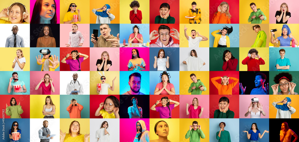 Collage of faces of 37 emotional people on multicolored backgrounds ...