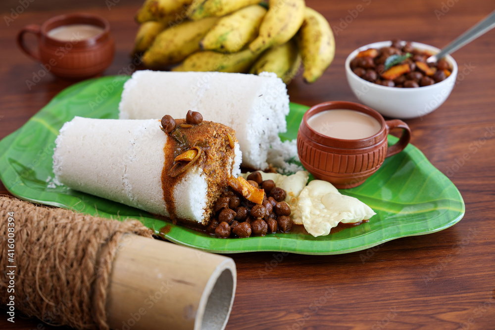 Rice Puttu white Pittu , Kadala Chickpea curry , milk tea , popular ...