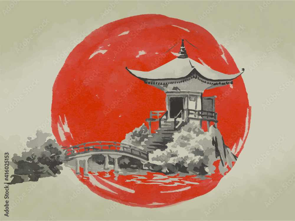 Japan traditional sumi-e painting. Fuji mountain, sakura, sunset. Japan ...