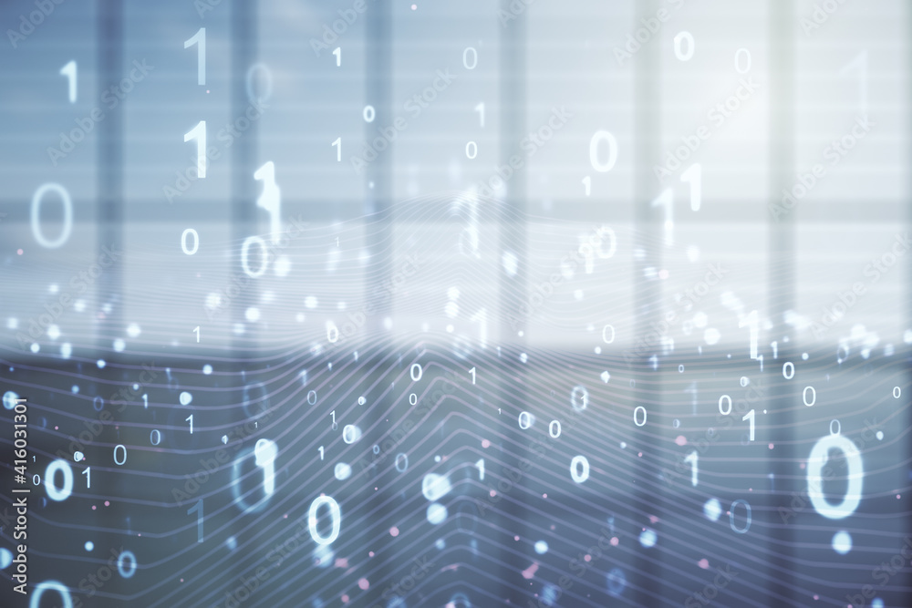 Abstract virtual binary code illustration on empty corporate office ...