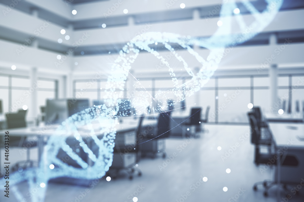 Virtual DNA symbol illustration on a modern furnished office background ...