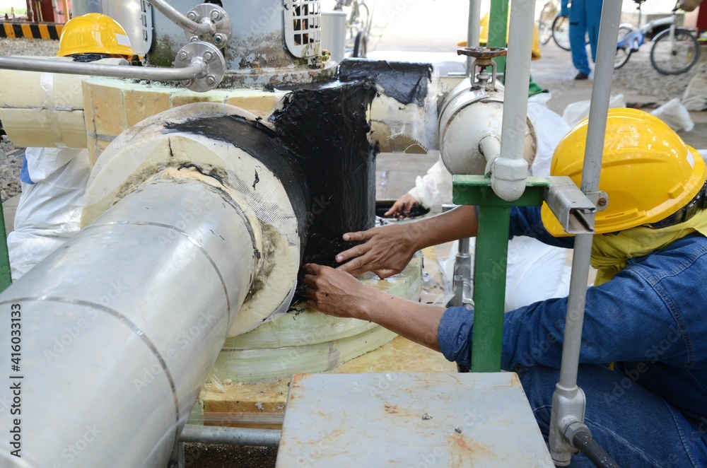 Worker use sealants for duct sealing and bonding metal sheet and ...