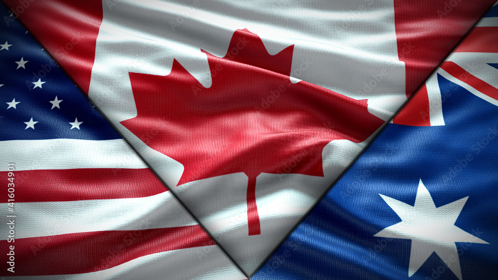 United States of America Flag and Australia flag and Canada Flag waving ...