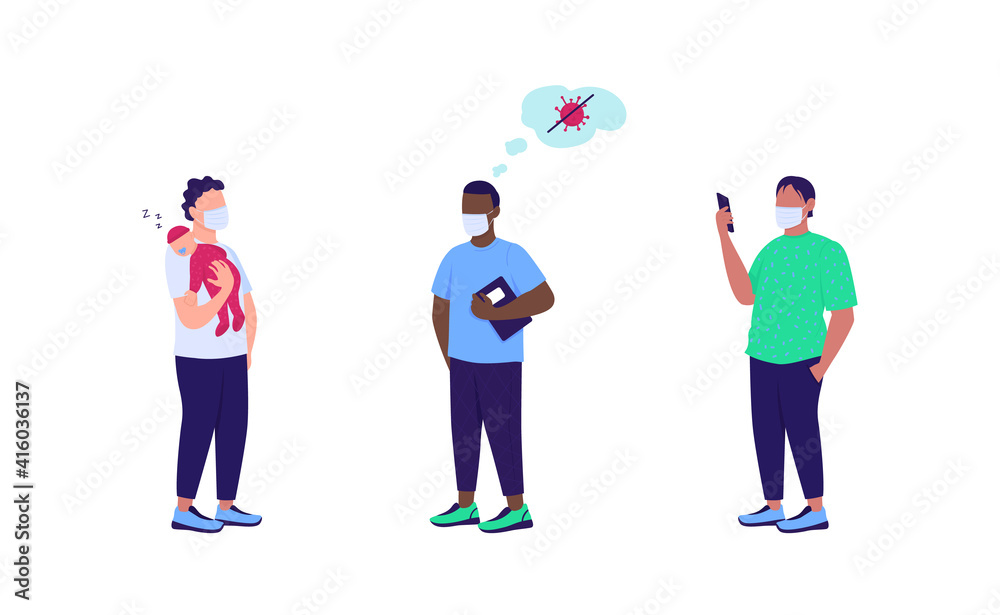 Patients in medical masks flat color vector faceless character set ...