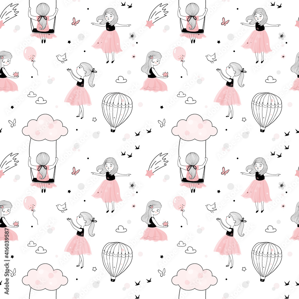 Cute little girls seamless pattern, design for kids, gentle background ...