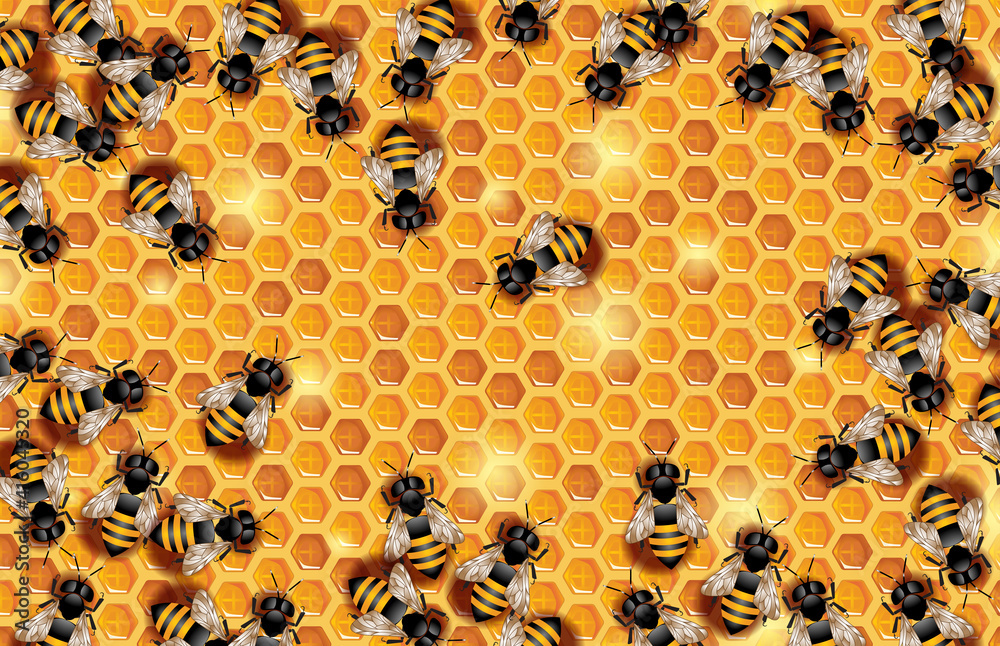 Vector illustration of swarm working bees crawling on a honeycomb Stock ...