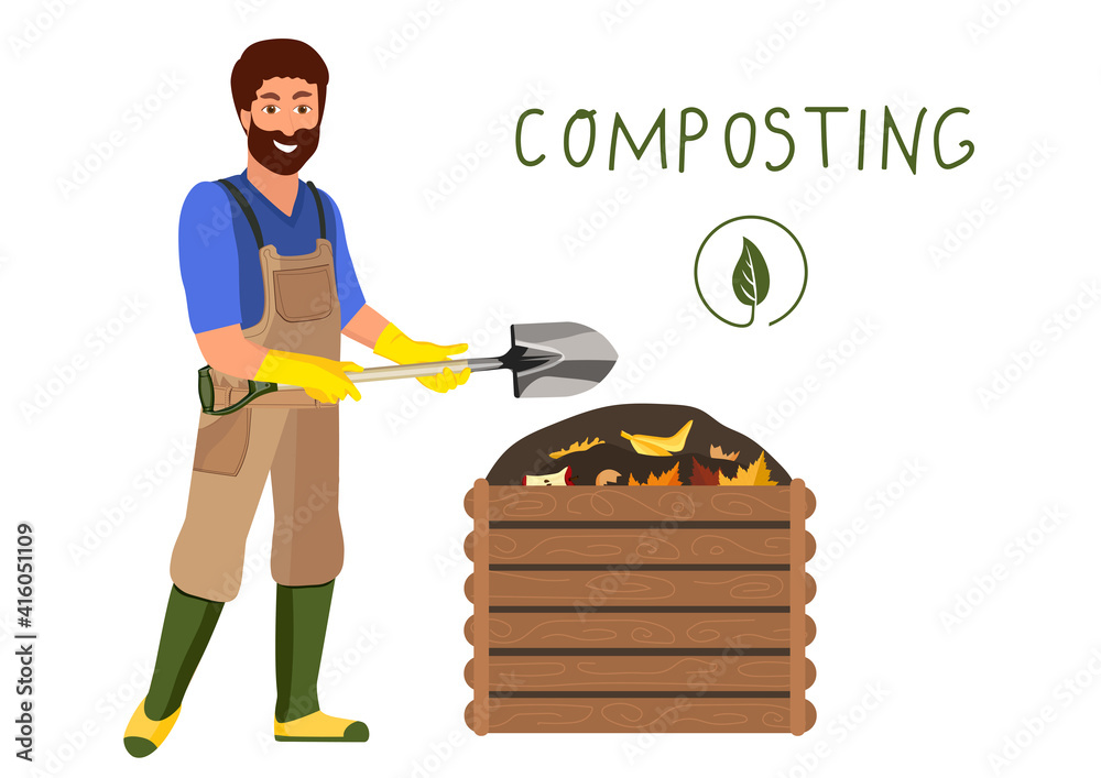Composting. Man making compost. Zero waste concept. Vector illustration ...